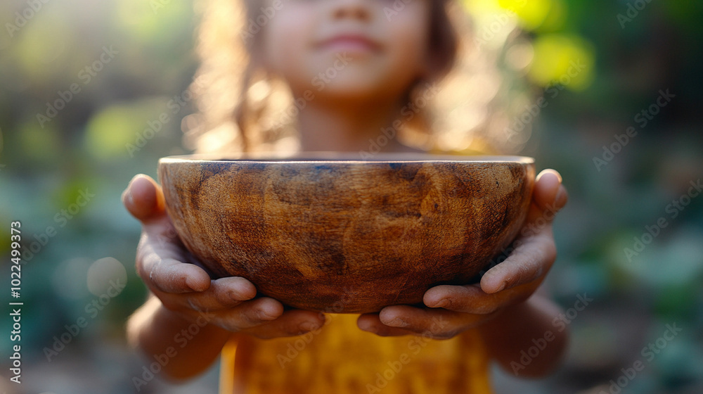 African child's hand holding an empty wooden bowl symbolizes hunger and ...