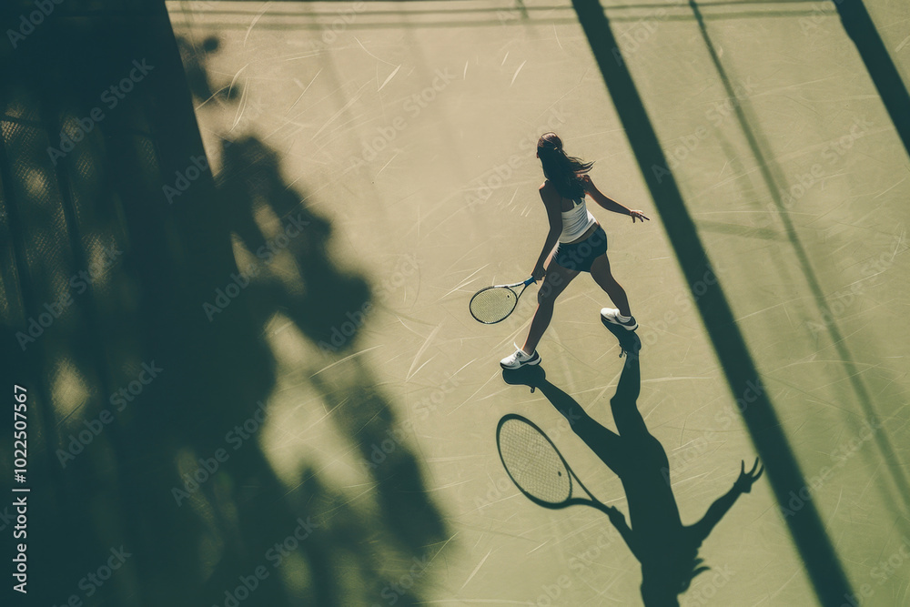 An aerial view shows a woman engaged in a tennis match on a green ...