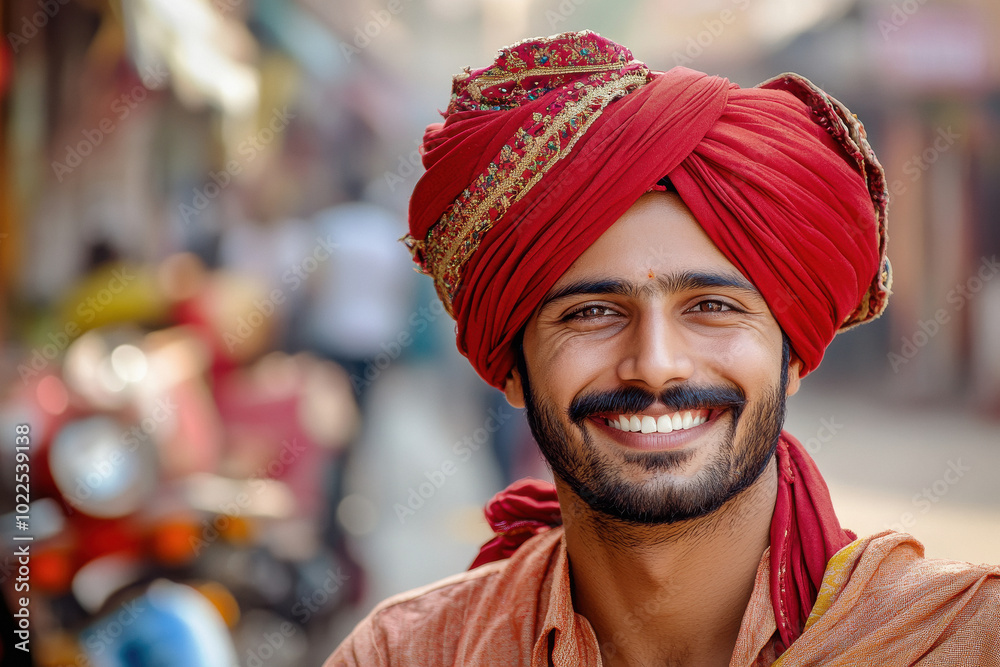 A smiling Indian man with a mustache wearing a traditional red turban ...