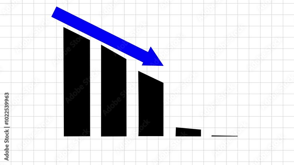 Abstract decreasing business graph black bars with blue arrow animation ...