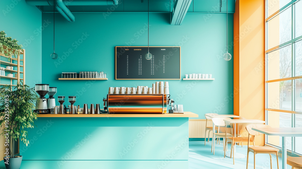 Bright coffee shop interior featuring a blank price list on the wall ...