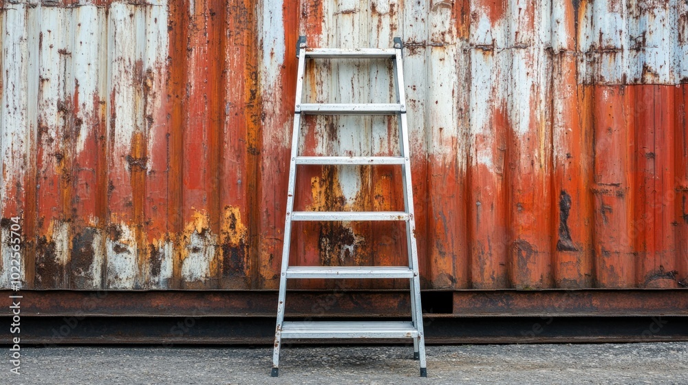 An A-type aluminum folding ladder with visible damage, leaning against ...