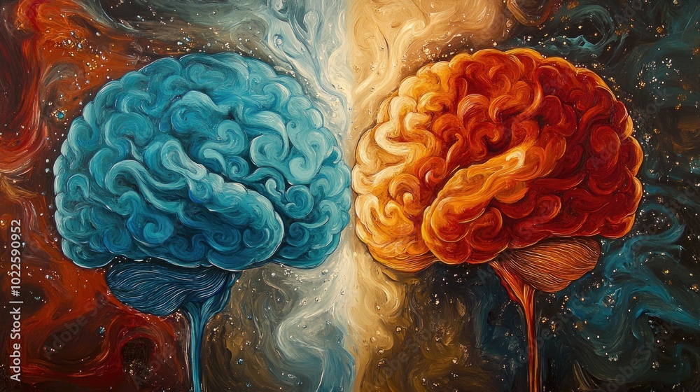 Abstract painting of two brains clashing, left in cool blue tones for ...
