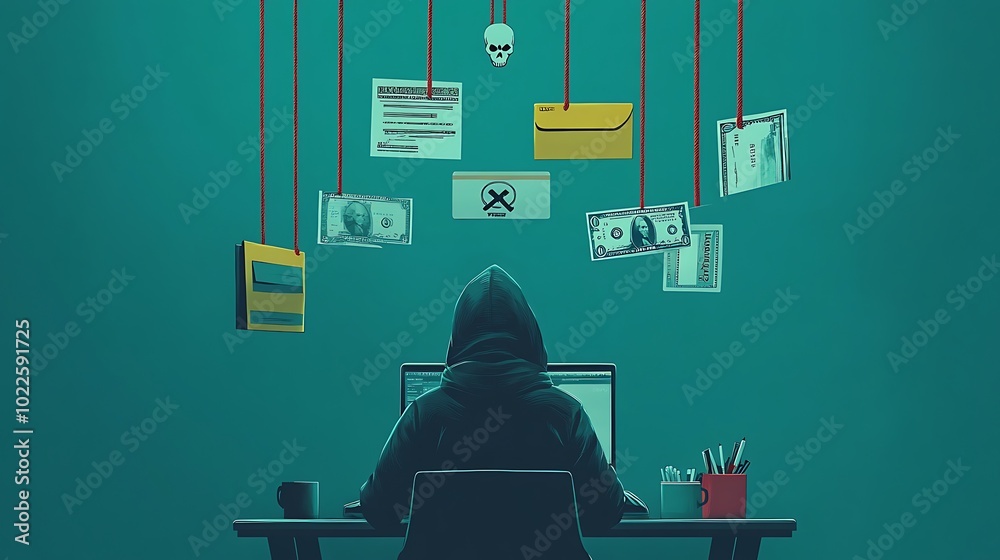 Hacker in black hood working with a laptop on a teal background ...