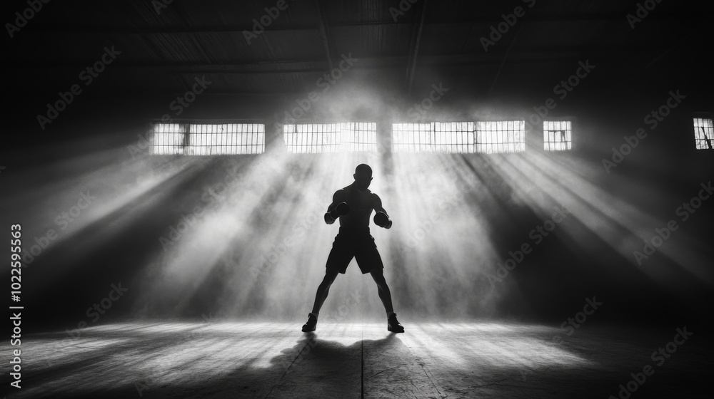 lone boxer is captured in dramatic black and white photo, shadowboxing ...