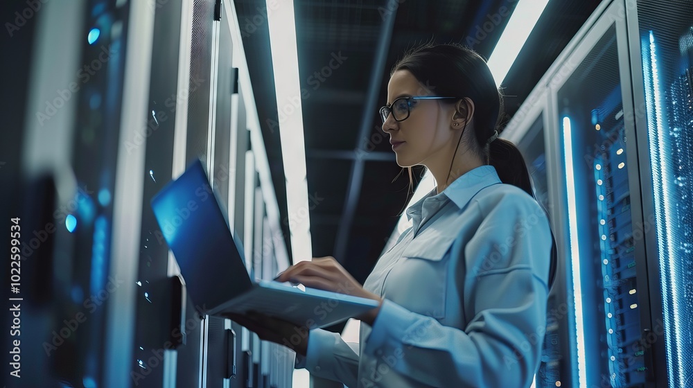 Female IT engineer using laptop while walking through data center server farm for cloud ...