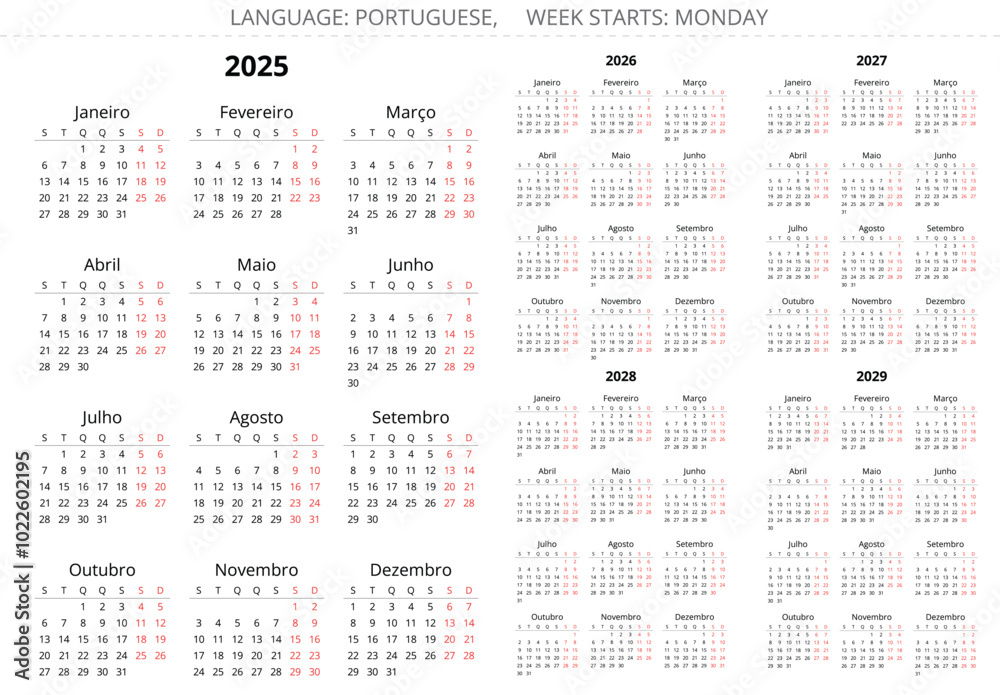 2025, 2026, 2027, 2028, 2029 portuguese year calendars. Printable ...
