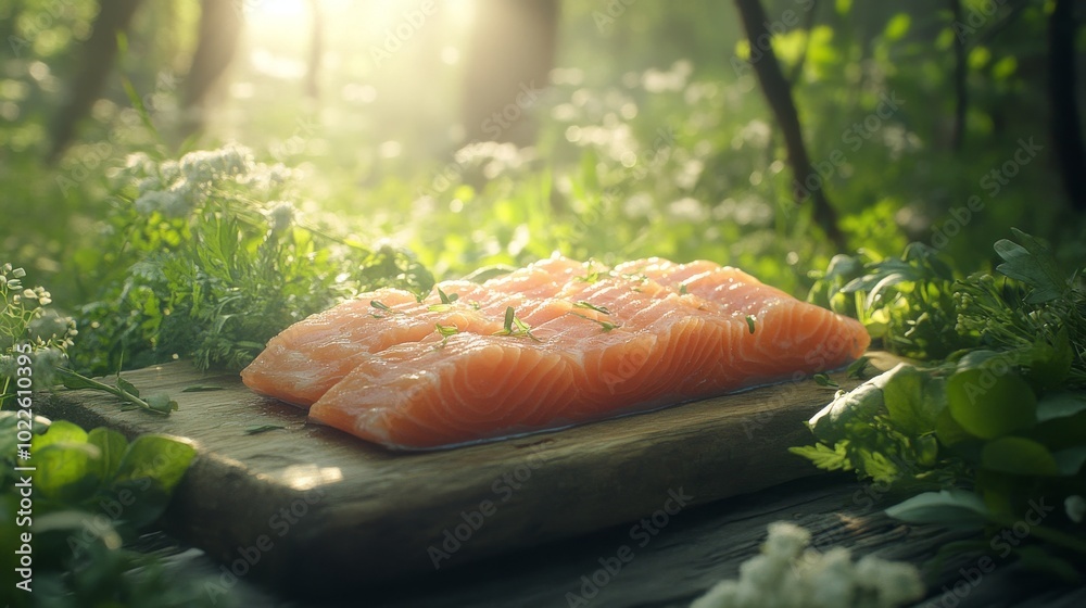 Un filete de salmón fresco sobre una tabla de madera en medio de un ...