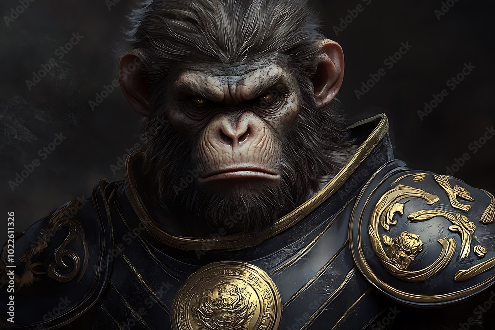 3D realistic illustration of a muscular angry monkey figure in armor ...