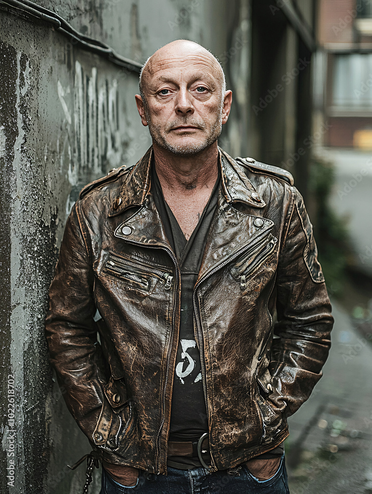 Portrait of a mature bald man with a serious expression wearing a worn ...