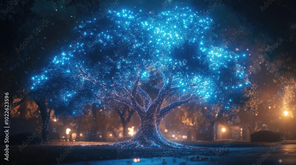 Glowing digital tree, with branches made of light, growing in a ...