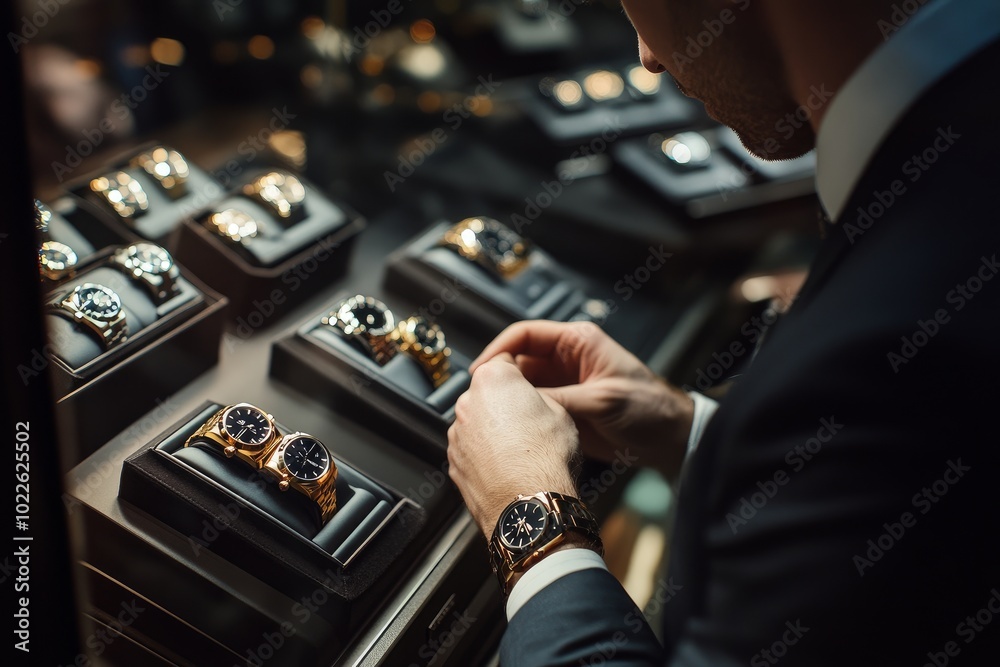 Shopper trying on different models of luxury watches in a chic ...
