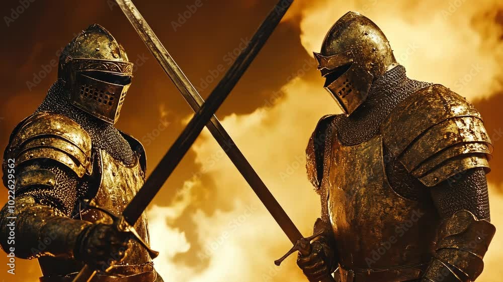 Two knights in full armor stand facing each other, their swords crossed ...