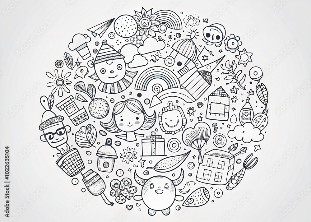 Doodle 360 Degree Hand-Drawn Outline Style Art with Rule of Thirds for ...