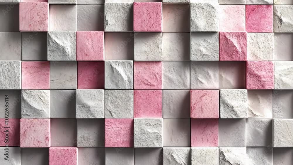 A close-up of a wall made of white and pink square tiles, with a ...