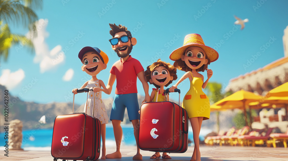 A vibrant 3D cartoon family packing their luggage, excitedly preparing ...