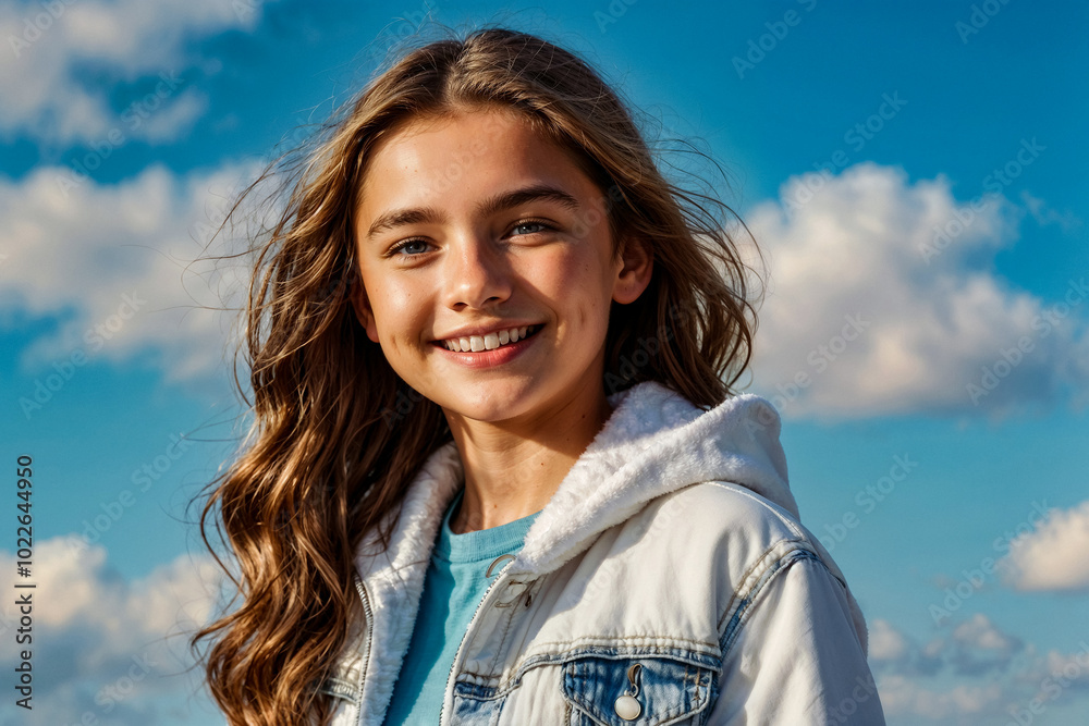 Portrait of cute teen girl with dimples in white jacket at blue sky ...