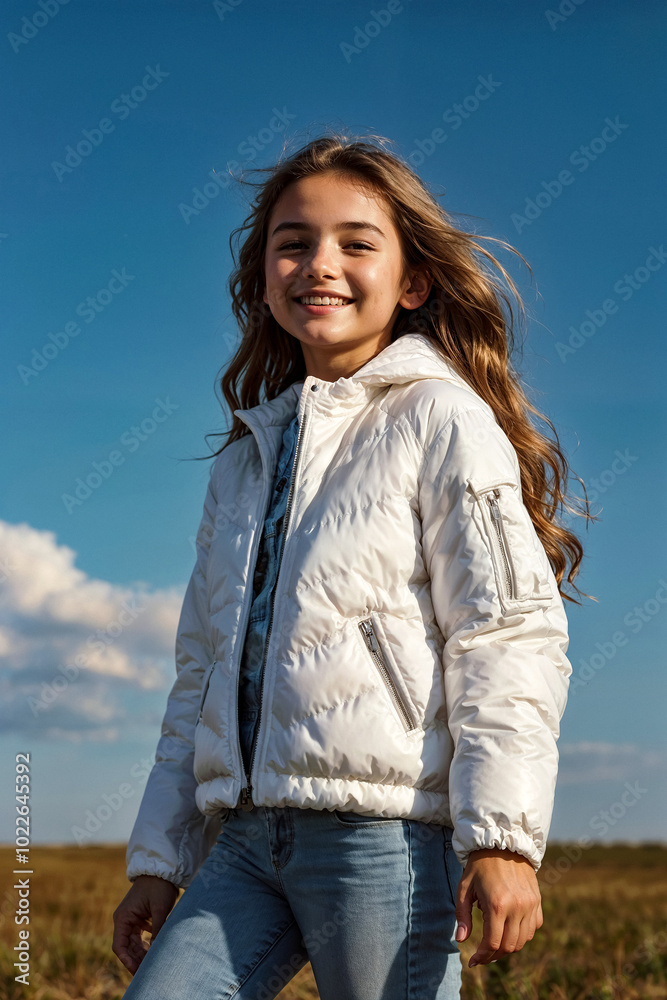 Portrait of cute teen girl with dimples in white jacket at blue sky ...