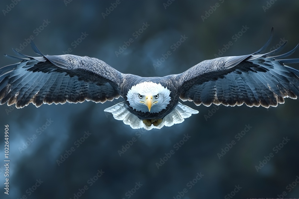 a bald eagle with its wings fully spread, gliding over a river with its ...