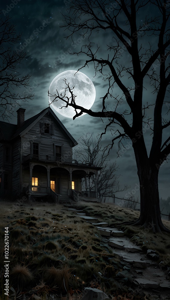 Haunted House on a Hill: Eerie Full Moon and Barren Trees in a Spooky ...
