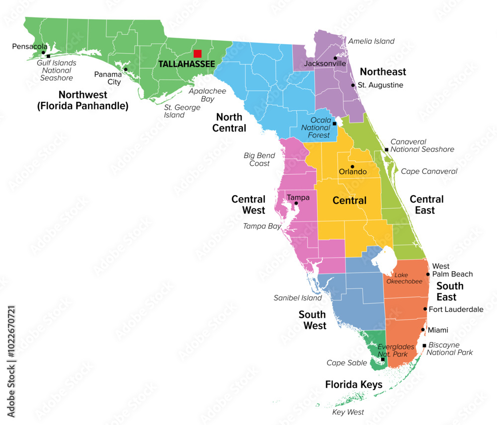 Regions of U.S. state Florida, multi colored map showing travel regions ...