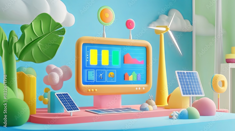 A whimsical 3D cartoon setup of a renewable energy monitoring station ...