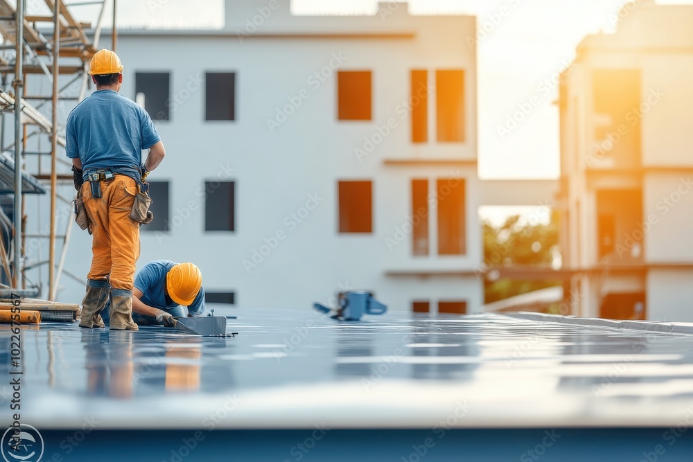 construction workers at work on site installing roofing waterproof on ...