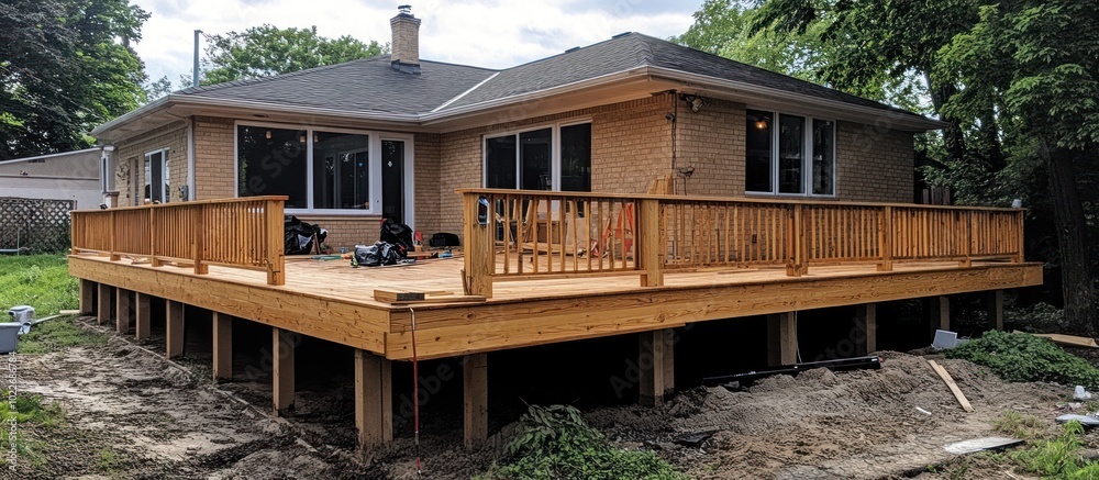 Newly constructed wooden deck attached to a house with a wooden railing ...
