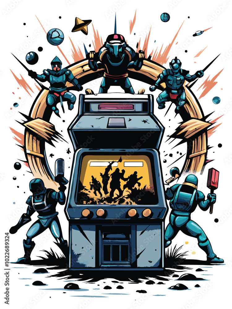 A vintage 80s arcade machine with anime characters in a dynamic action ...