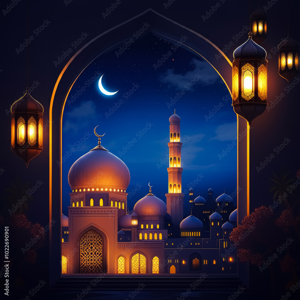 Islamic city with madrasah, sky with crescent moon and stars. Arch ...