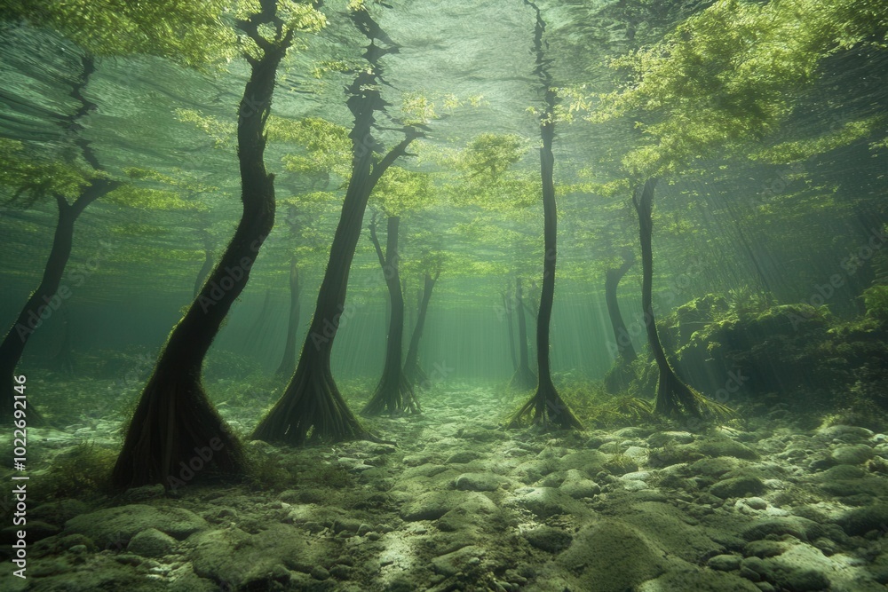 Submerged forest, with trees half underwater, creating a mysterious ...