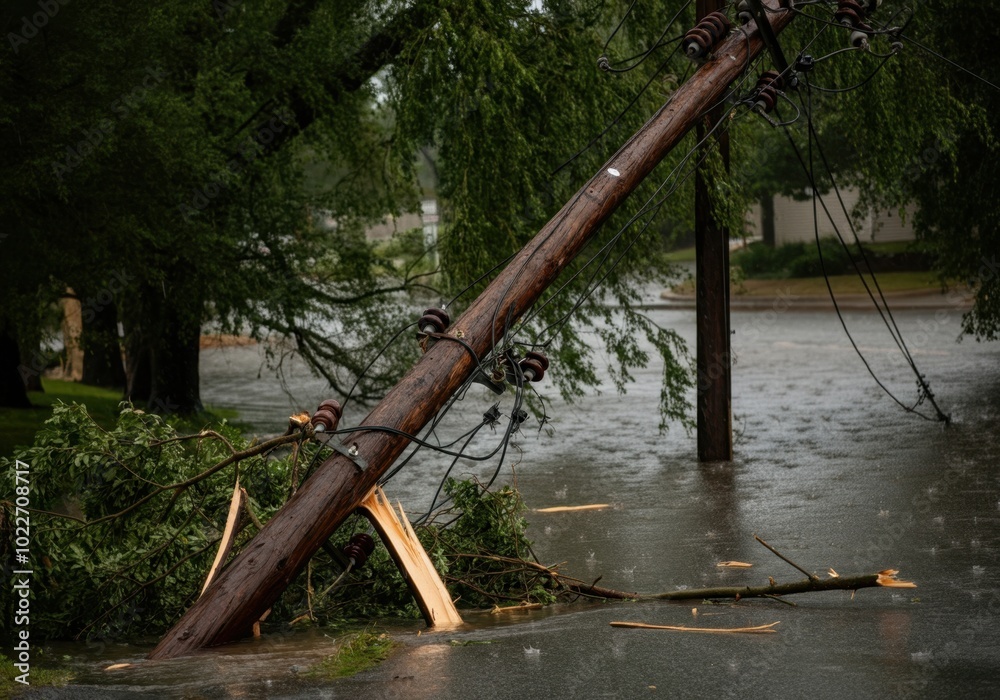 Damaged power lines in storm aftermath scene highlighting severe ...