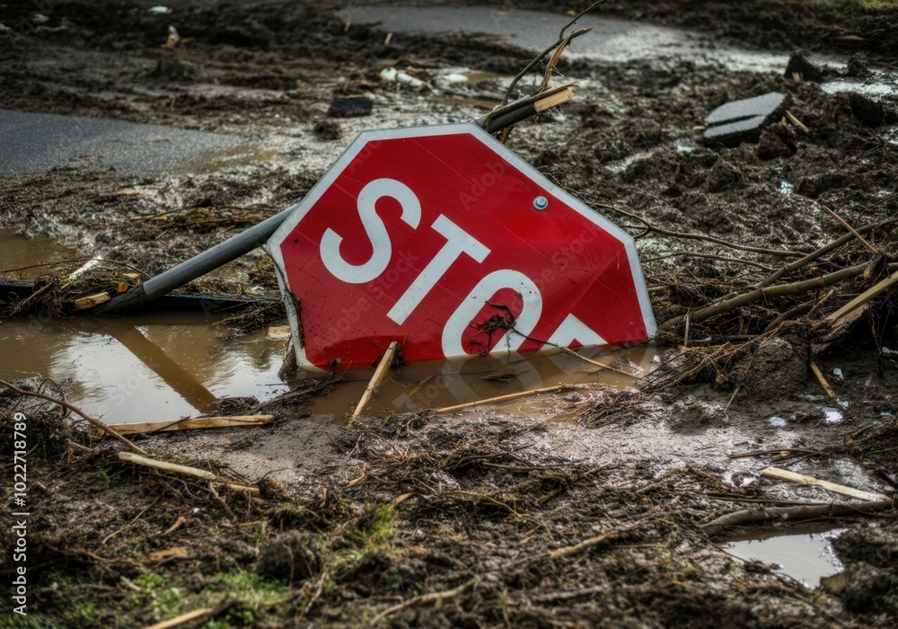 Storm aftermath scene with fallen stop sign in muddy terrain Stock ...