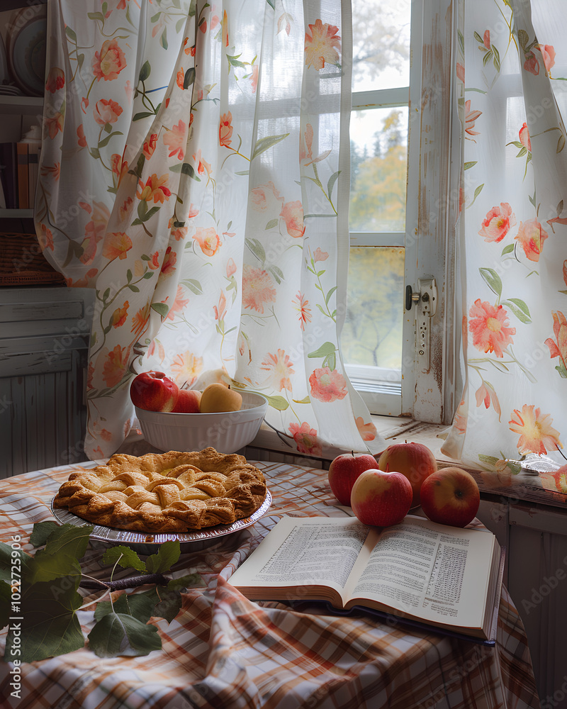 apple pie with the cutest sliver plaid pattern, next to an open book on ...