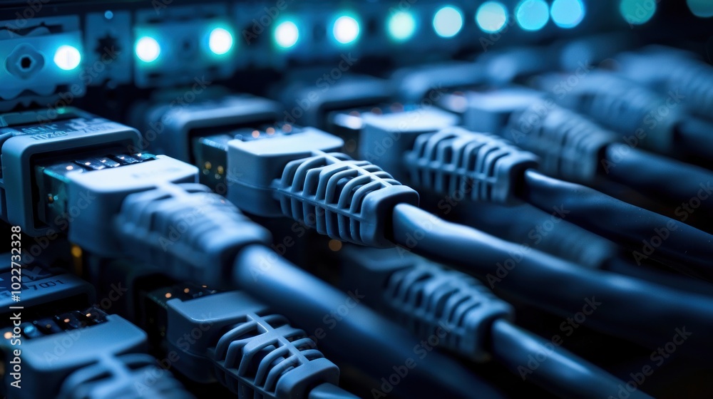 A close-up of a network switch with multiple Ethernet cables connected, showcasing the hardware ...
