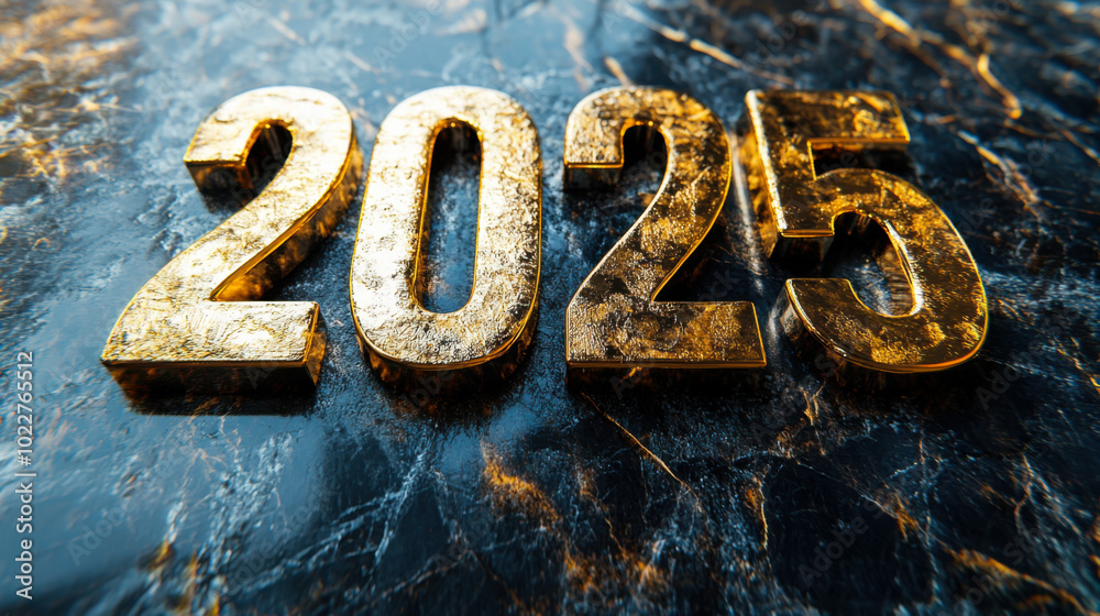 Golden numbers representing the year 2025 displayed on a textured dark ...