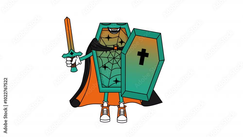 Animated halloween coffin character in a cloak with a sword. Funny ...