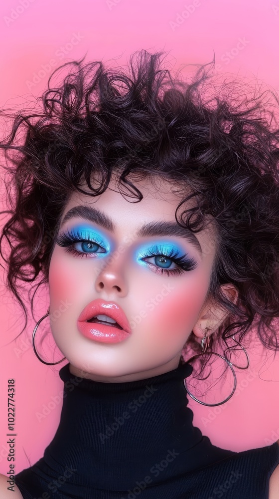 Classic 80s makeup with intense blue eyeshadow, heavy mascara, bright ...