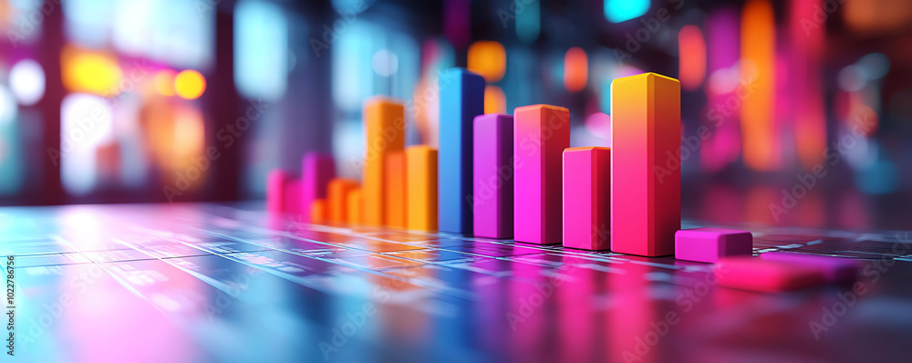Colorful bar graphs on a shiny surface, depicting data trends and ...
