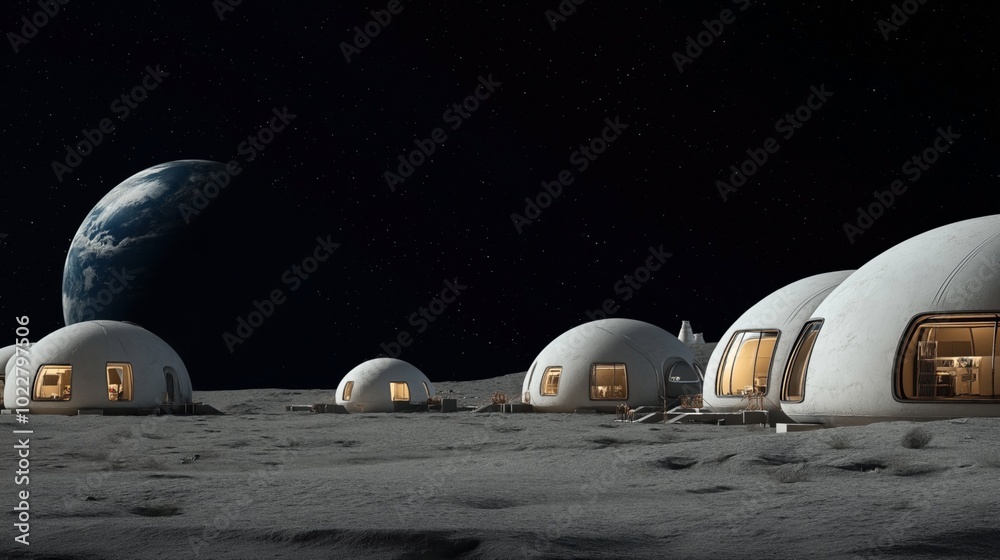 Lunar base with dome-shaped habitats and illuminated windows situated ...