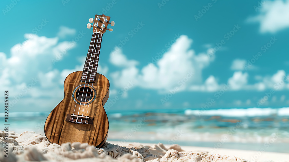 A close-up of a beautifully crafted ukulele lying in the sand, the ...