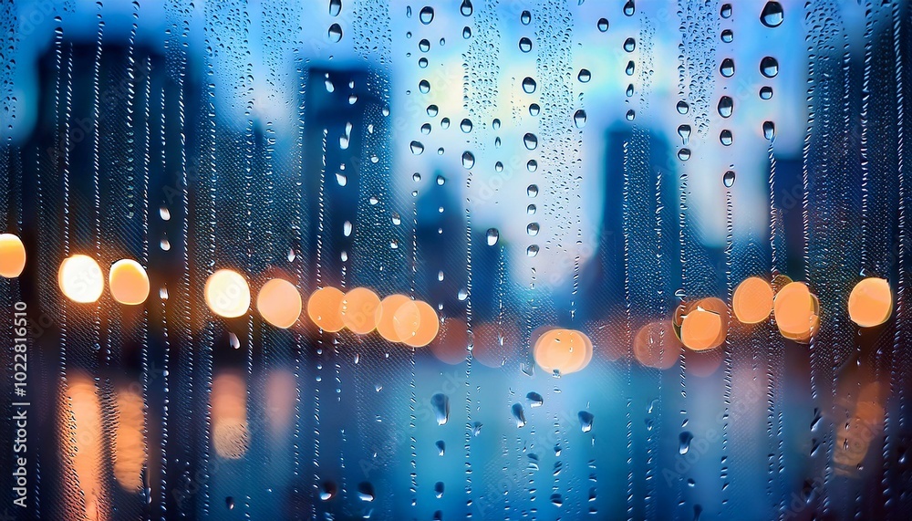 a close-up of rain droplets softly sliding down a fogged window, with ...