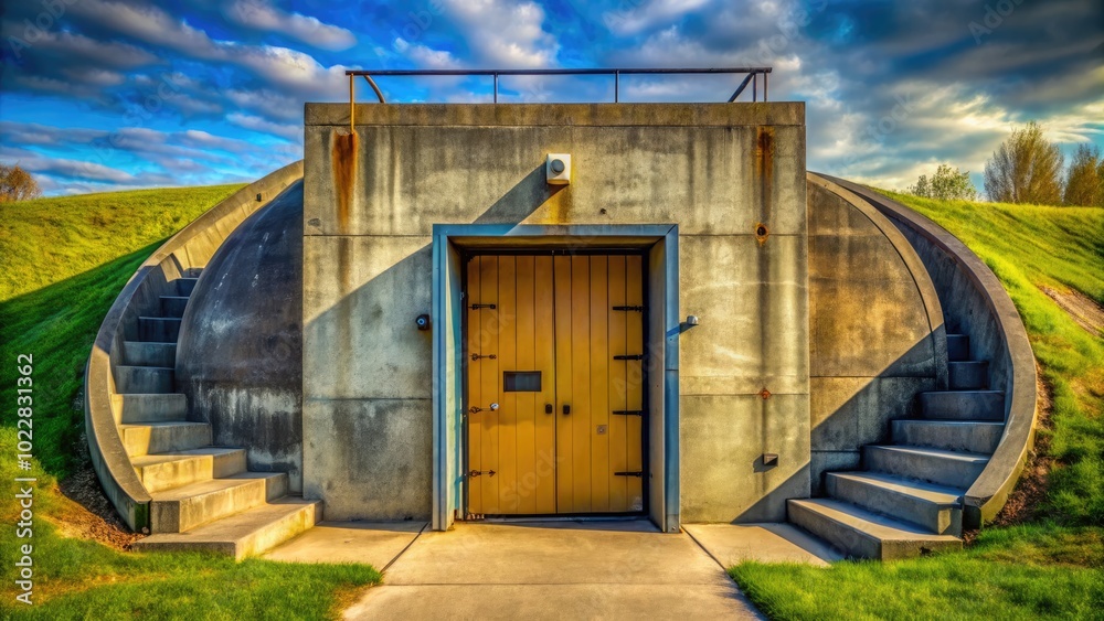 Underground bomb shelter entrance with heavy steel door and reinforced ...