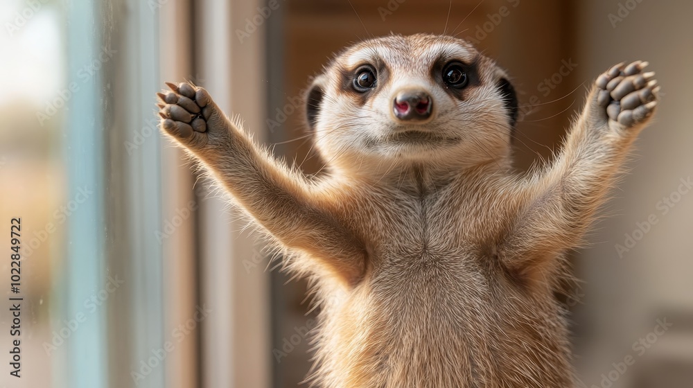 A charming meerkat stands on its hind legs indoors, with paws raised ...