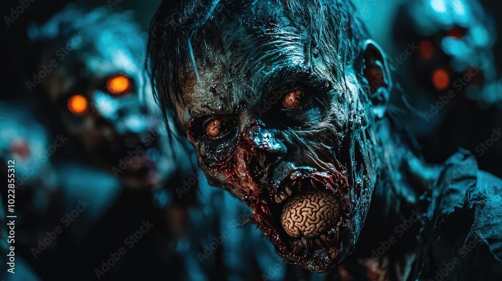 A terrifying zombie with a grotesque face and glowing eyes in a dark ...