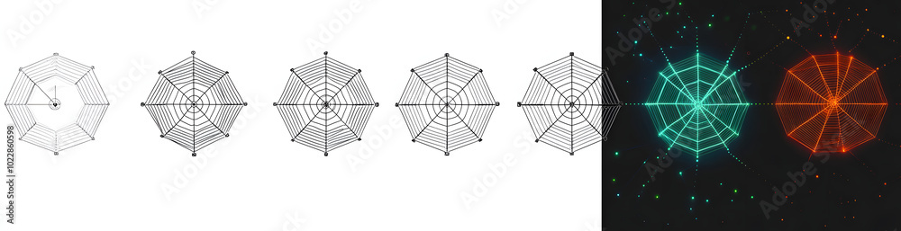 Radar or spider diagram template. Pentagon, Hexagon, Heptagon, Octagon ...