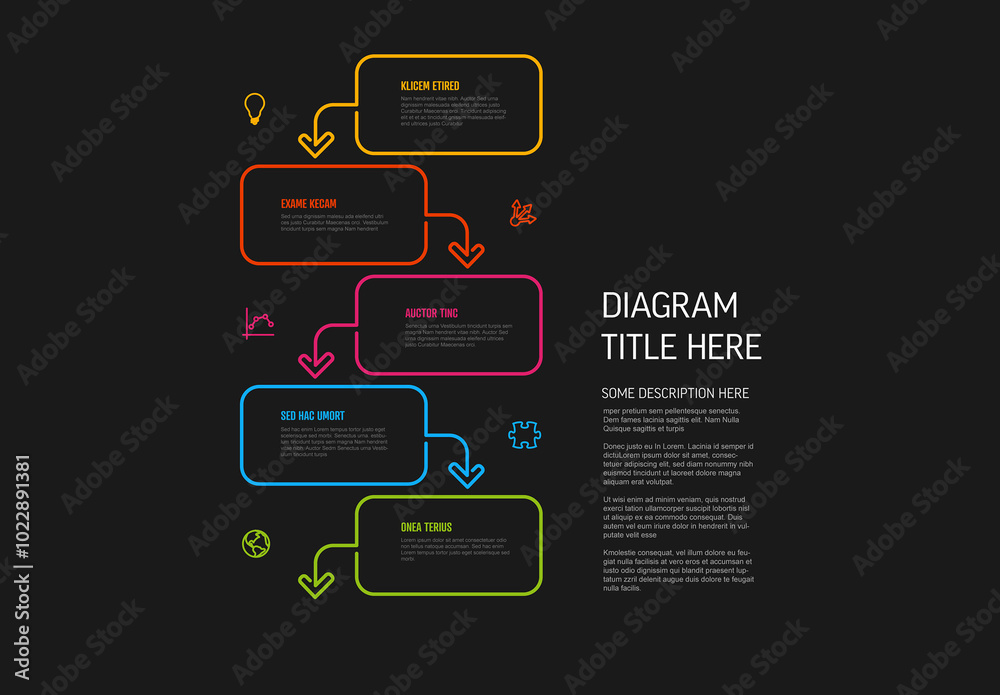 Dark five rectangle steps vertical template with icons, description and ...