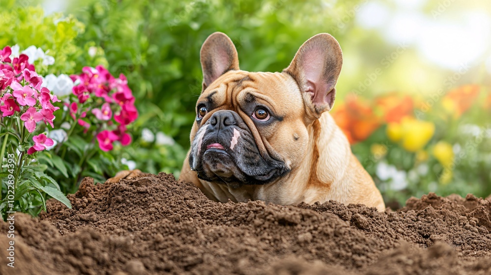 French Bulldog in a Garden: A playful French Bulldog peeks out from a ...