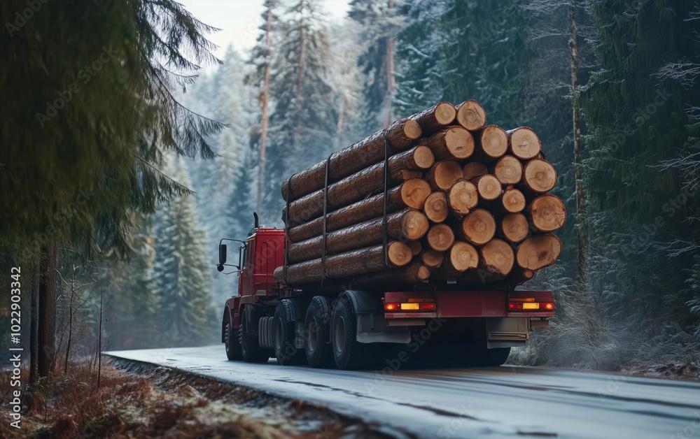 Logging truck is transporting large load of freshly cut timber logs ...