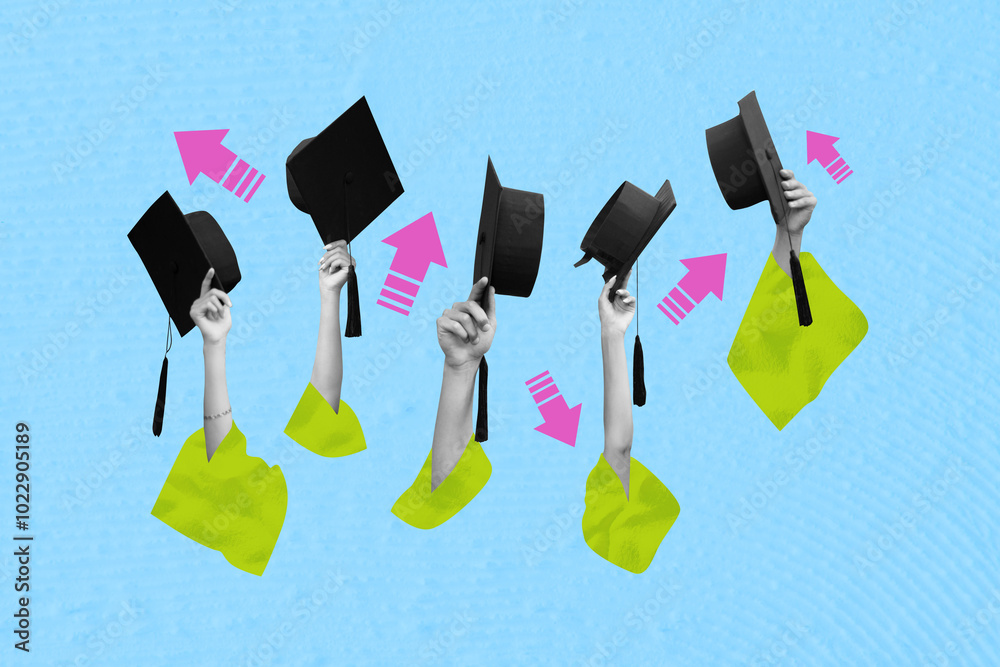 Composite photo collage of students hands throw master hat university ...